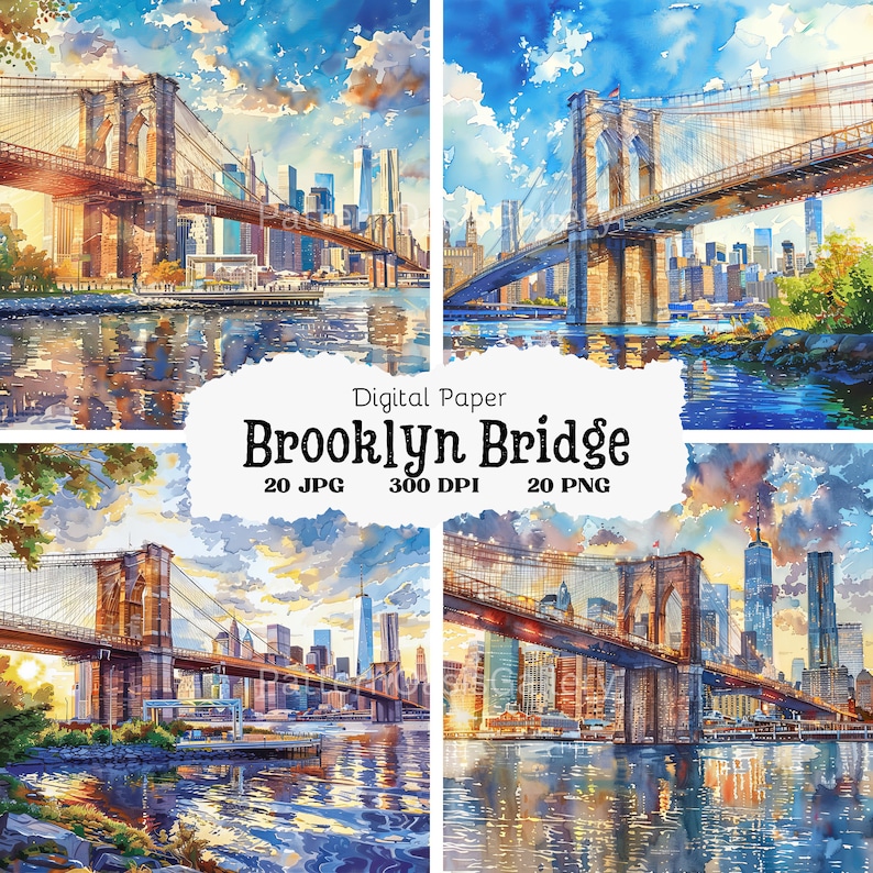 Brooklyn Bridge Watercolor Clipart, NYC Painting (JPG & PNG Digital ...