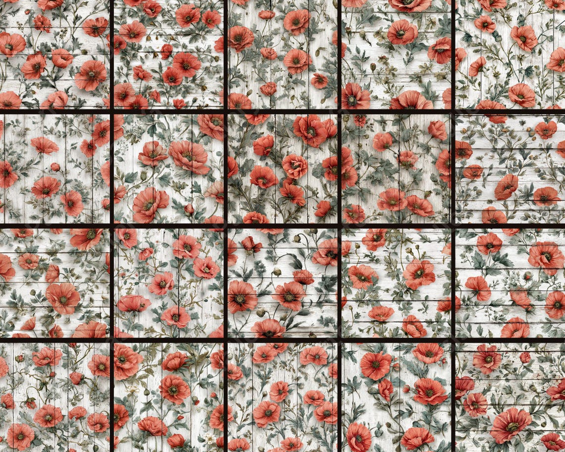 Red Poppies on Wood SEAMLESS Digital Paper, Red Florals, Printable ...