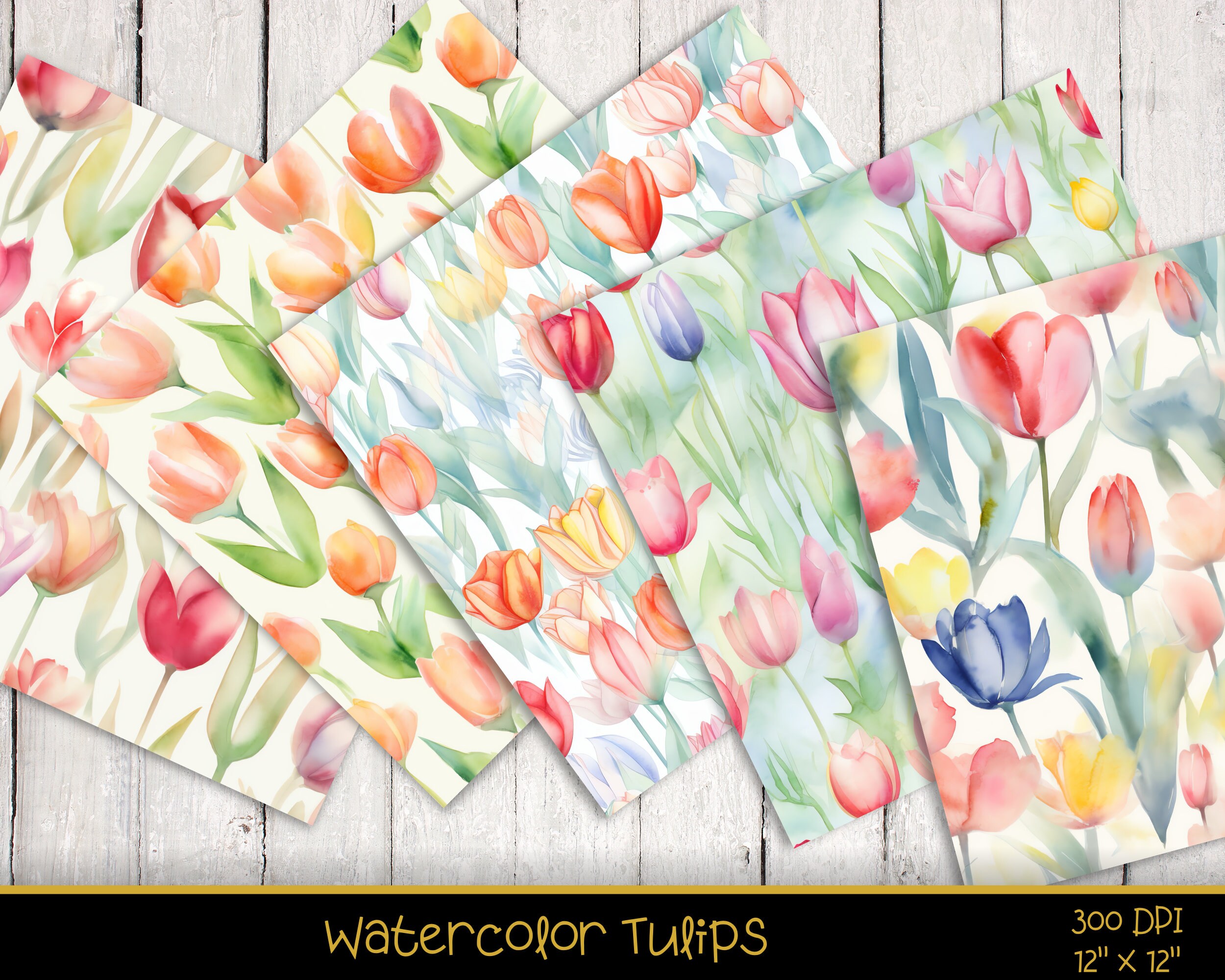 Watercolor Tulips Digital Papers, Seamless Tulip Patterns, Floral ...