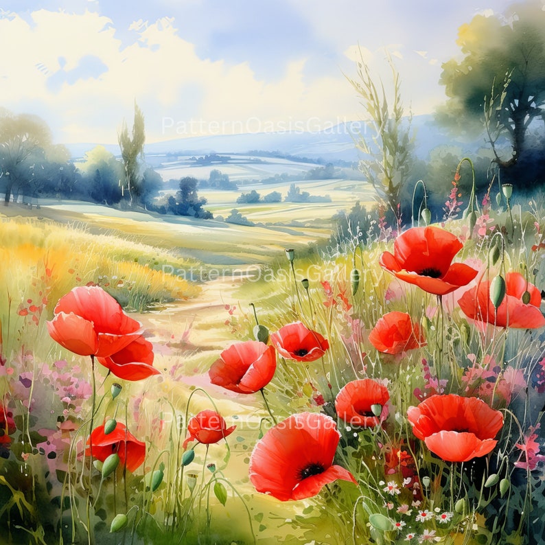 Poppy Field Backgrounds, 20 High Quality Designs, JPG, Digital Planner ...