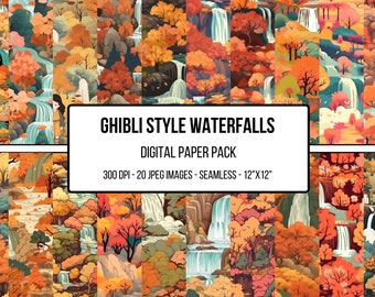Studio Ghibli Style Waterfalls, Seamless Background Patterns, Printable Digital Paper, Scrapbook ...