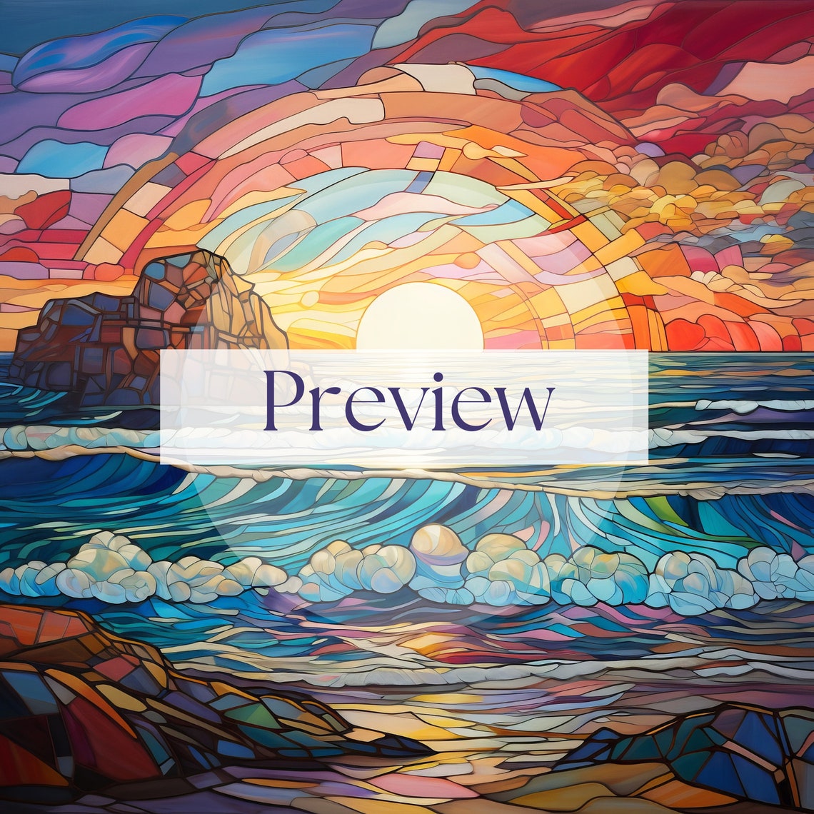 Stained Glass Ocean Digital Paper, Ocean Scene Stained Glass Background ...