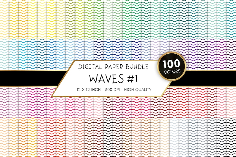 100 Waves Digital Paper Pack, 100 Rainbow Colors, Wavy Chevron, Wave ...