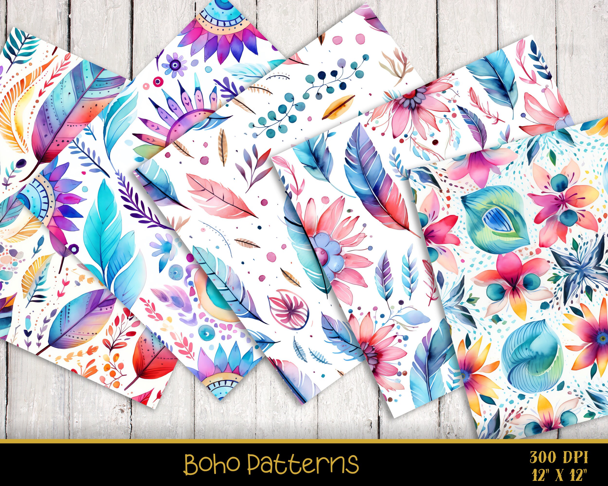 Watercolor Boho Seamless Patterns, Boho Digital Paper, Scrapbooking ...