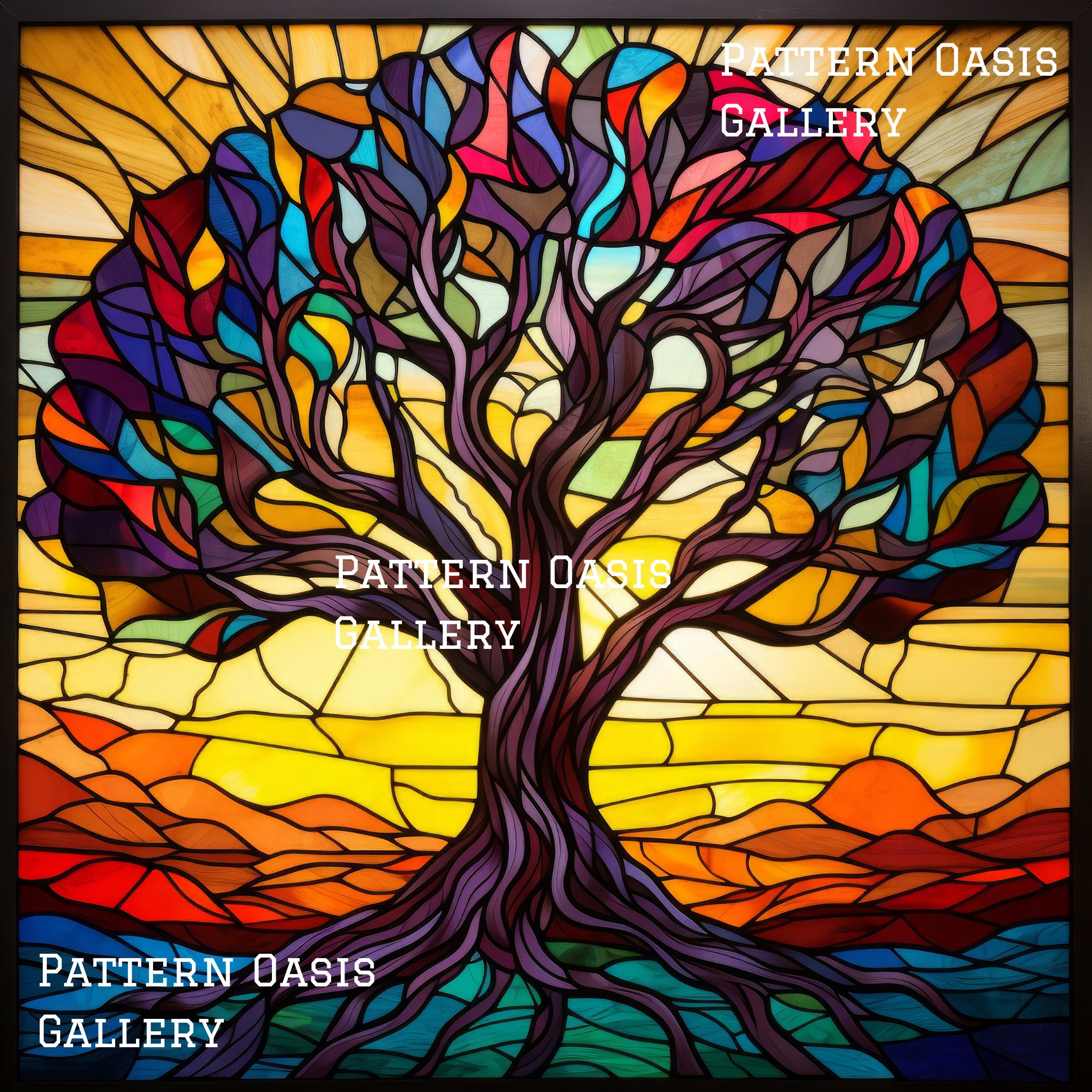 Stained Glass Tree of Life Digital Paper, Trees Stained Glass ...