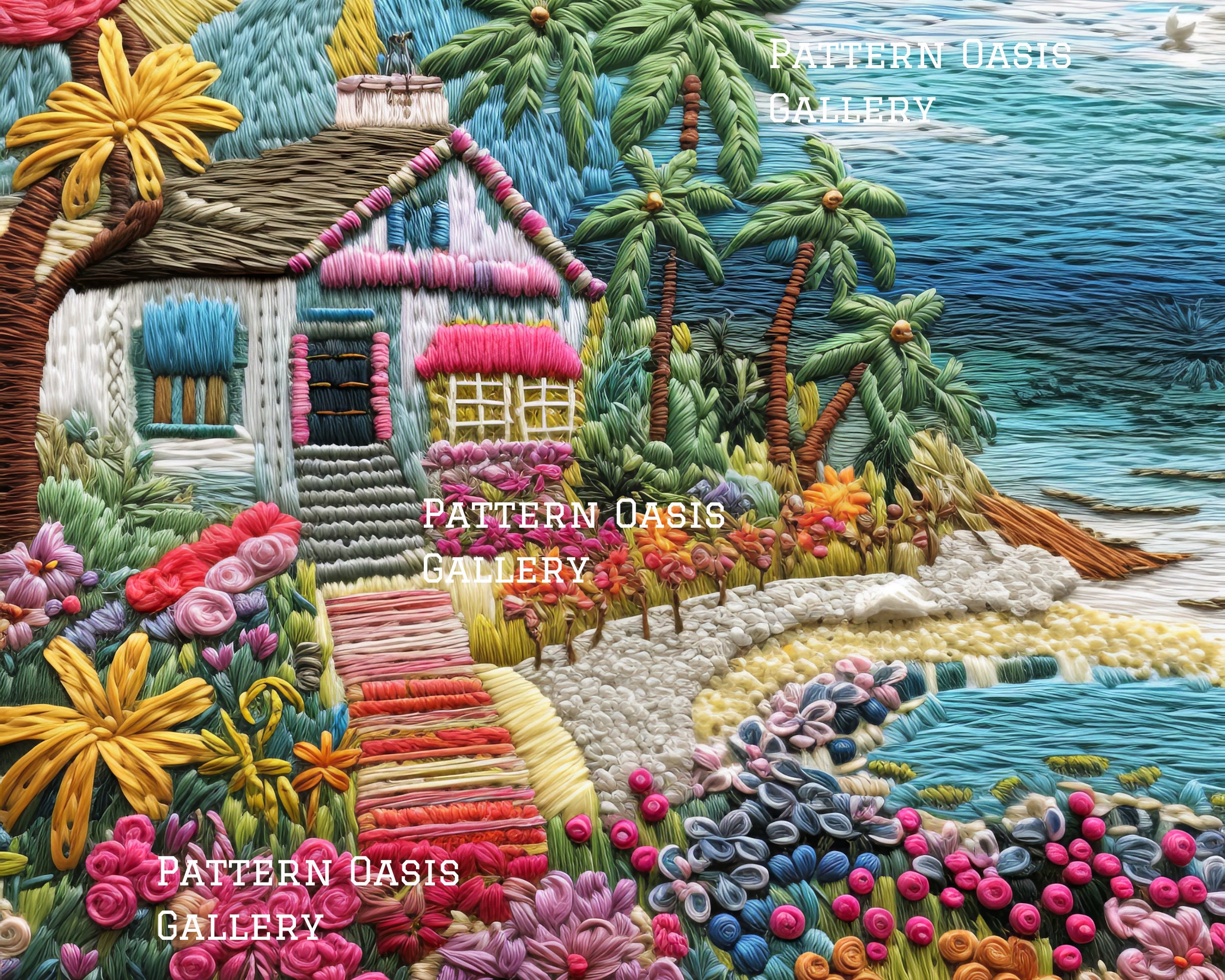 Beach Cottage Embroidered Digital Paper, Beach House Embroidery, 20 ...