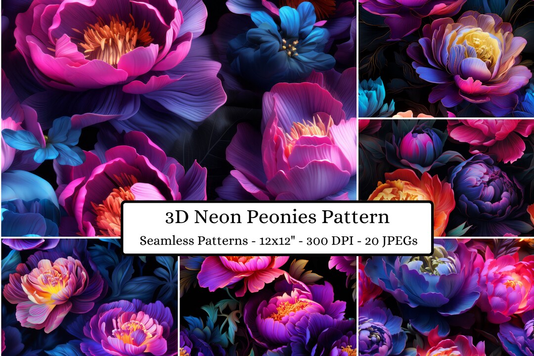 3D Neon Peonies Digital Paper Pattern Seamless Pattern Pack - Etsy