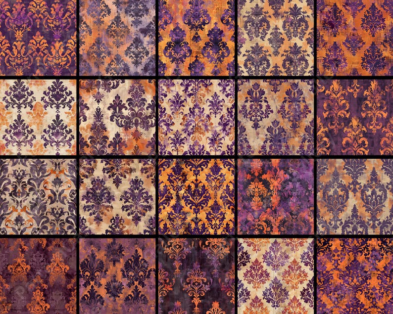Orange and Purple Damask Seamless Digital Paper, Distressed Vintage ...