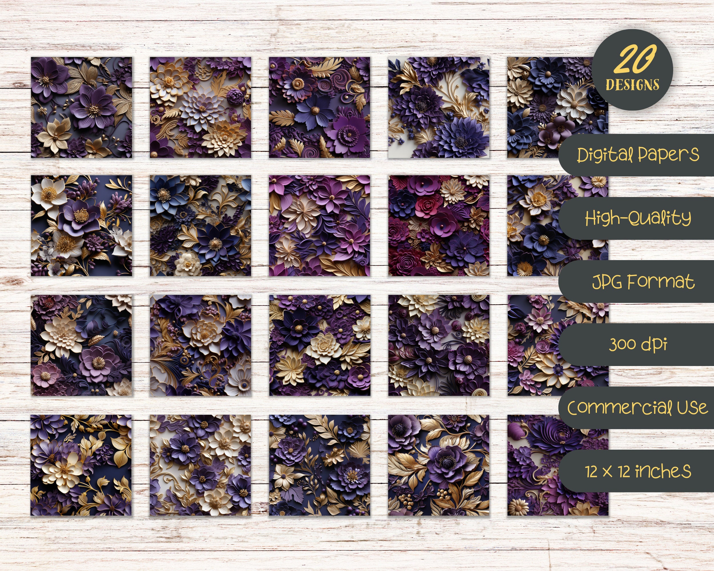 3D Purple and Gold Floral Seamless Patterns, 3D Black and Gold Flowers ...