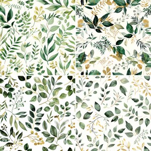 Seamless Watercolor Gentle Leaves Digital Paper, Green, Sage and Gold ...