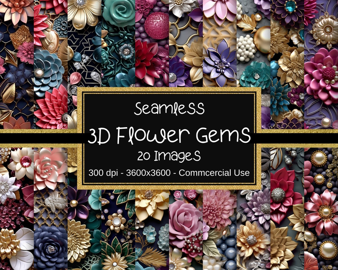 3D Flower Gems Digital Papers, 3D Floral Gems, 3D Flower Seamless ...