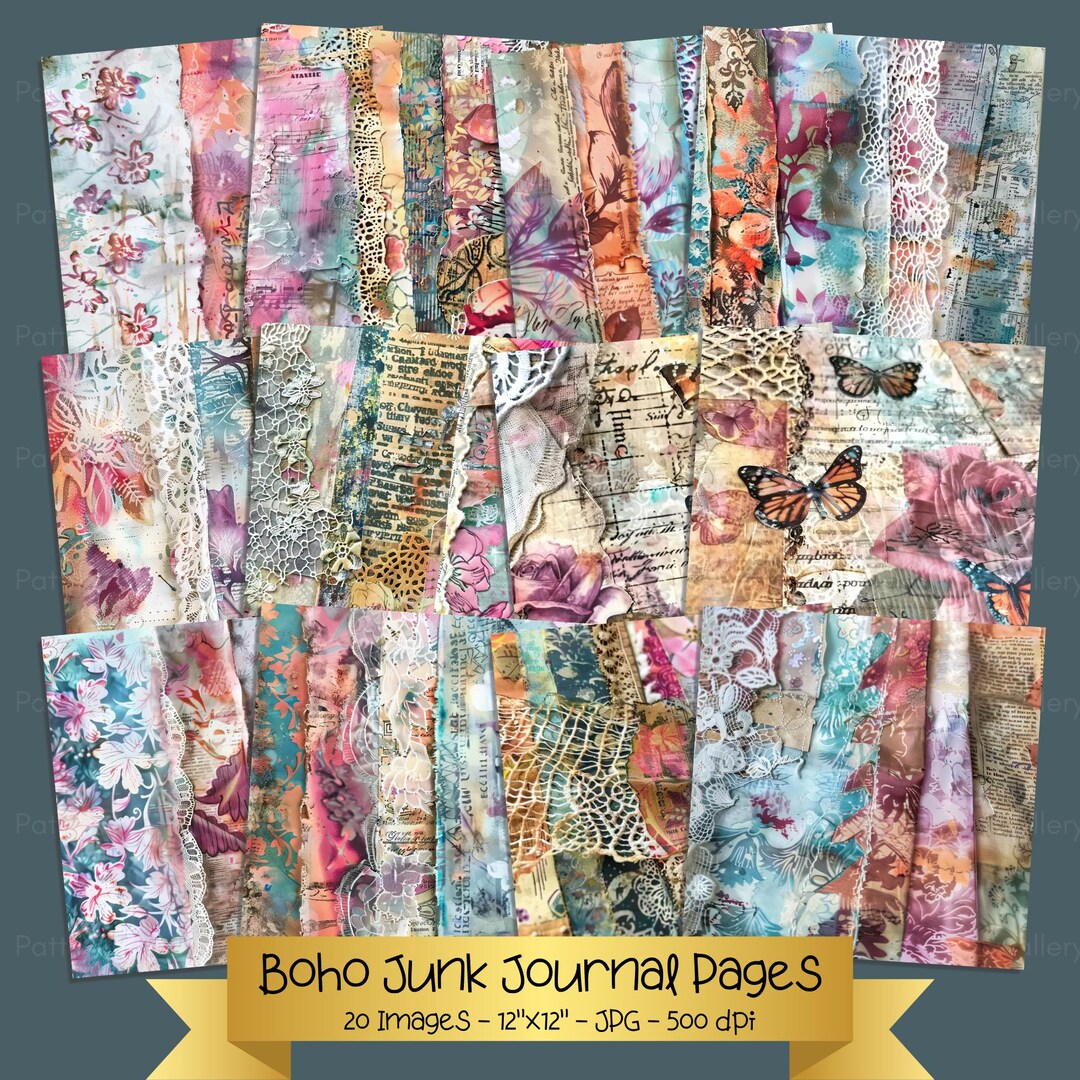 Boho Junk Journal Paper, Hippie Scrapbook Paper, Distressed Bohemian ...