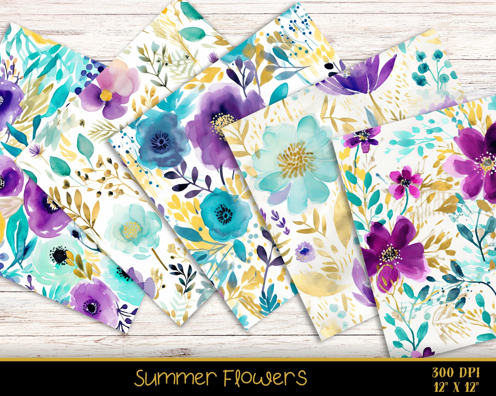 Summer Flowers Seamless Digital Papers, Summer Watercolor Flower ...