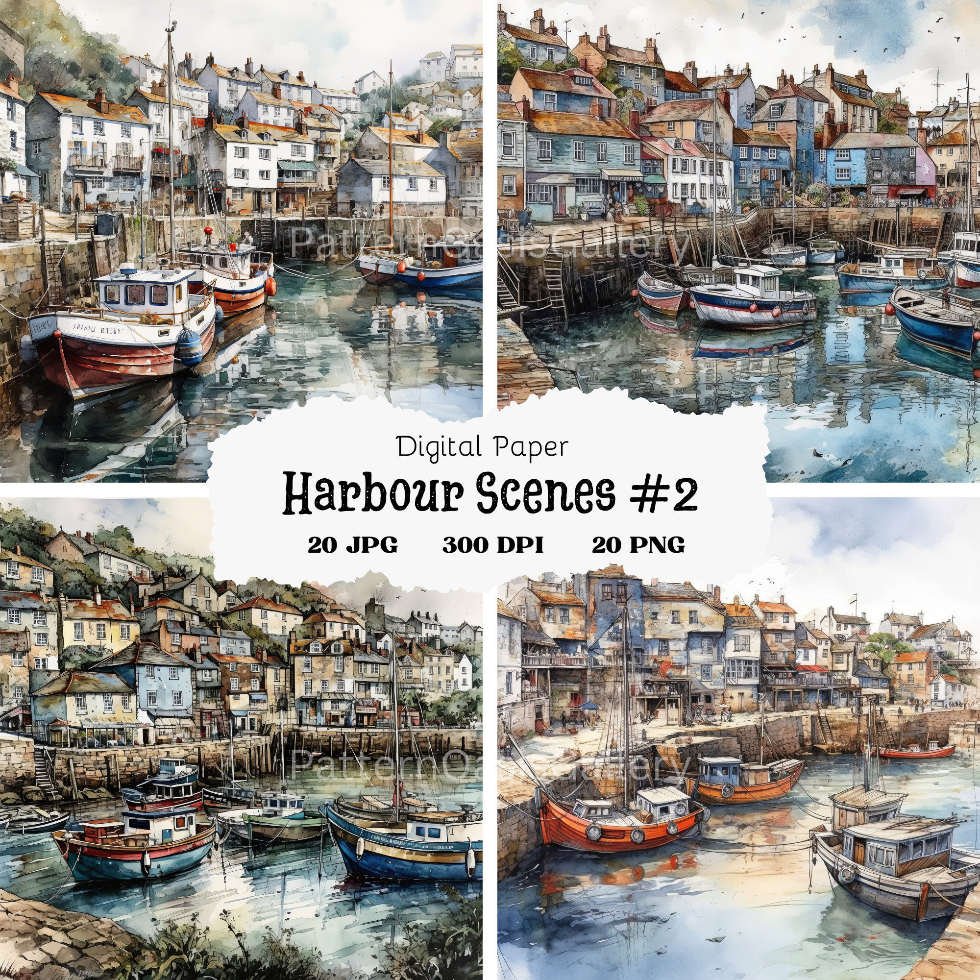 Watercolor Harbour Scenes Clipart, Coastal Town, Boats (digital Print ...