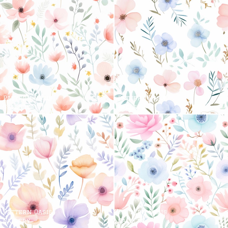 Seamless Pastel Flowers Digital Paper, Floral Watercolor Painting ...