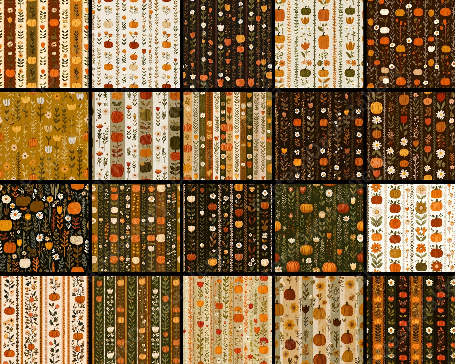 Autumn Pumpkin Folk Art Style Seamless Digital Paper, Whimsical Fall ...