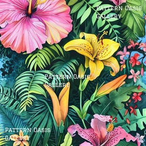 Tropical Flowers Seamless Digital Paper, Tropical Flowers and Ferns ...