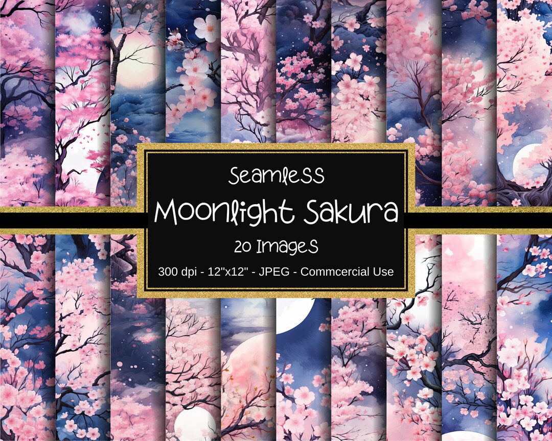 Sakura Seamless Digital Paper, Moonlight Sakura Pattern, Moonlit Sakura ...