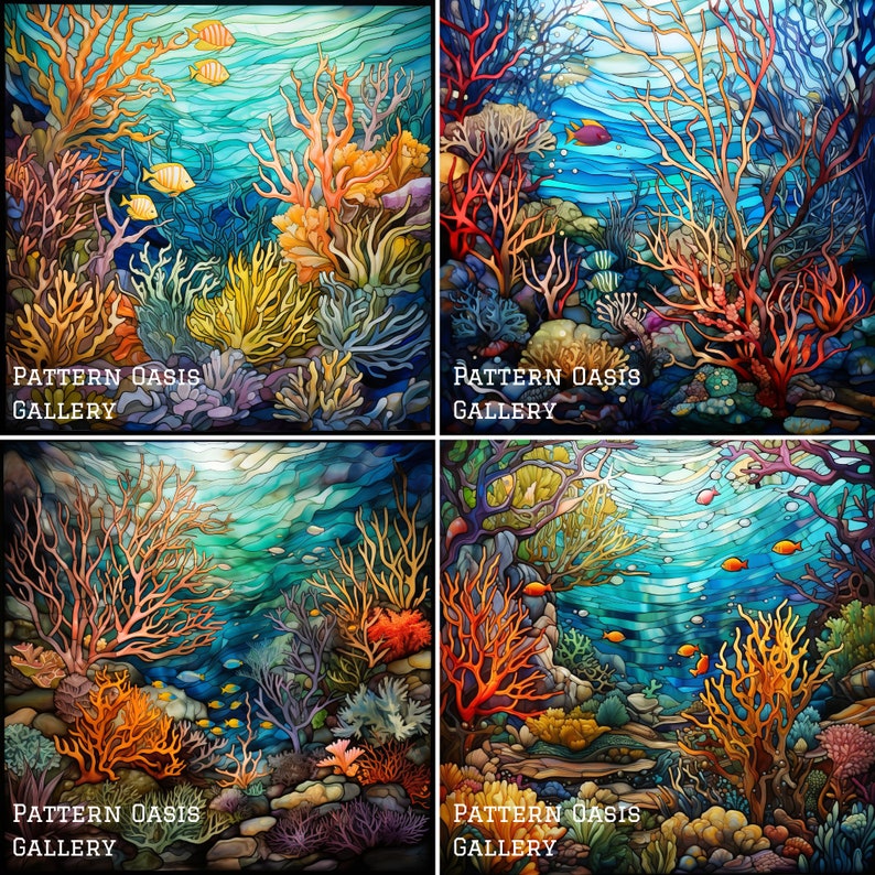 Stained Glass Coral Reef Digital Paper, Coral Reef Stained Glass ...