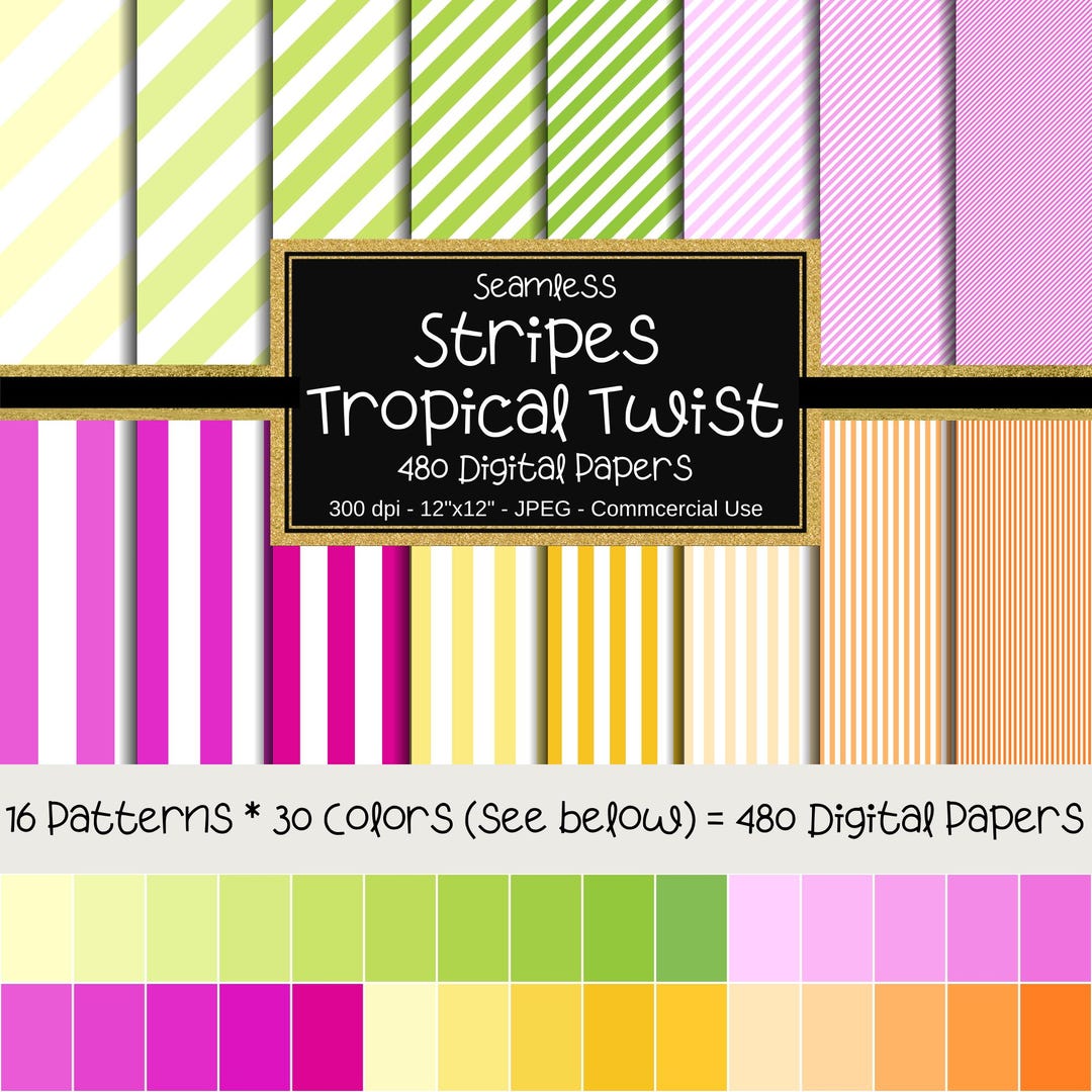 Tropical Twist Stripes Seamless Digital Paper Pack, 12"x12", 480 Papers ...