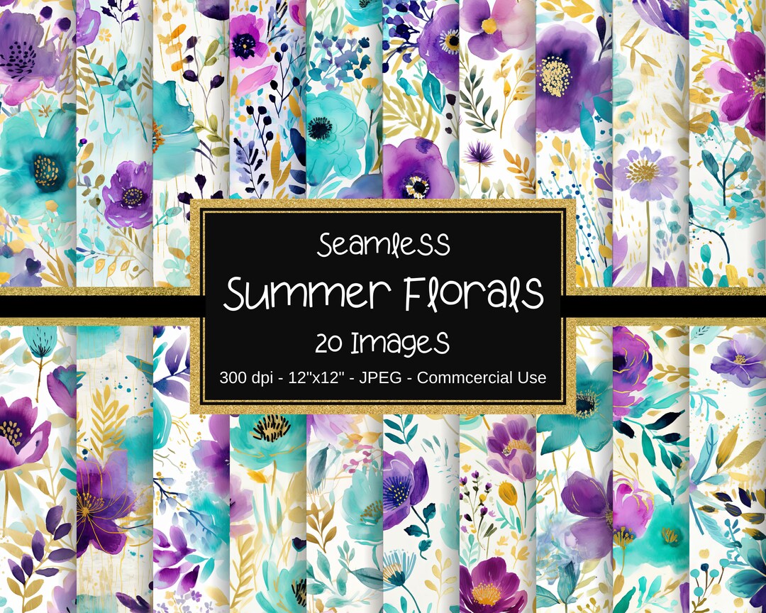 Summer Flowers Seamless Digital Papers, Summer Watercolor Flower ...