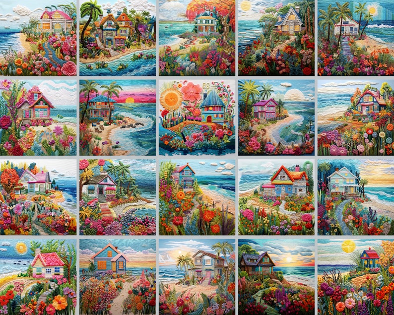 Beach Cottage Embroidered Paper, Beach House Designs (digital Download ...