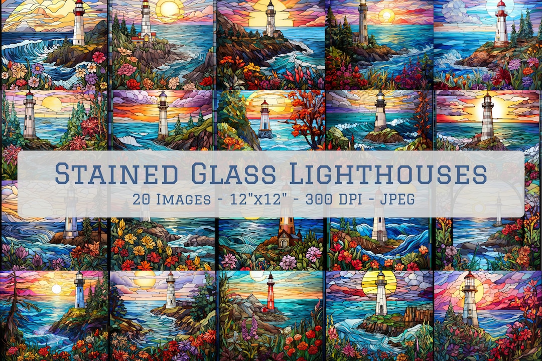 Stained Glass Lighthouse Digital Paper, Lighthouses Stained Glass ...