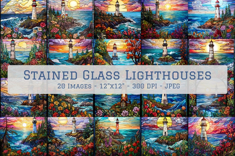 Stained Glass Lighthouse Digital Paper, Lighthouses Stained Glass ...