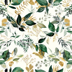 Seamless Watercolor Gentle Leaves Digital Paper, Green, Sage and Gold ...