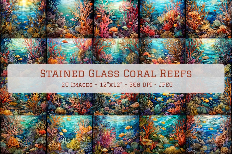 Stained Glass Coral Reef Digital Paper, Coral Reef Stained Glass ...