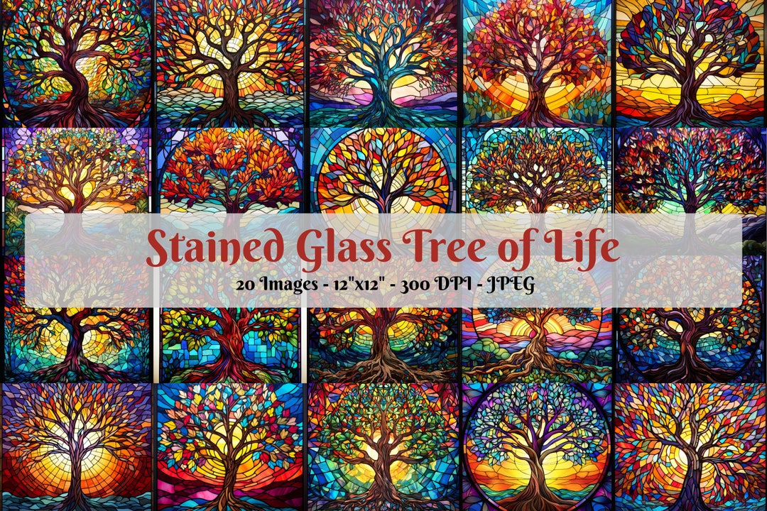 Stained Glass Tree of Life Digital Paper, Trees Stained Glass ...