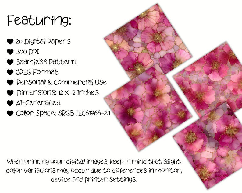 Pink Floral Digital Paper Bundle, Seamless Alcohol Ink Flower Patterns ...