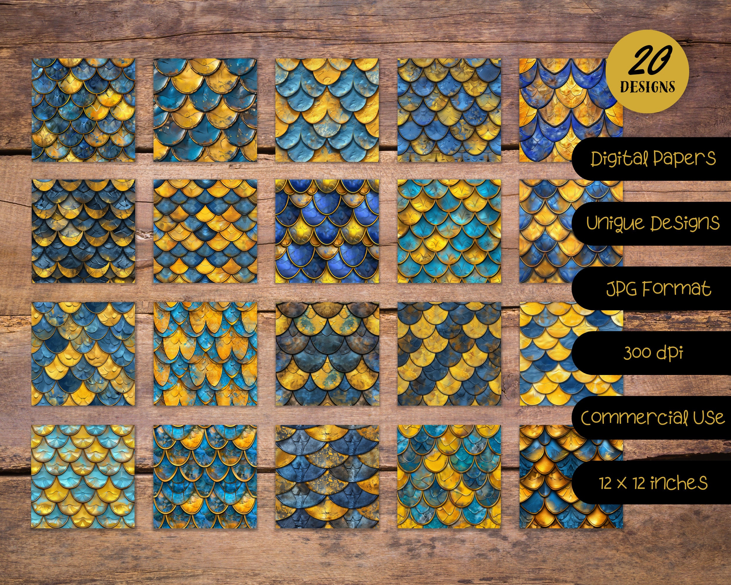 Dragon Scales Seamless Digital Paper, Blue and Yellow Dragon Scales ...