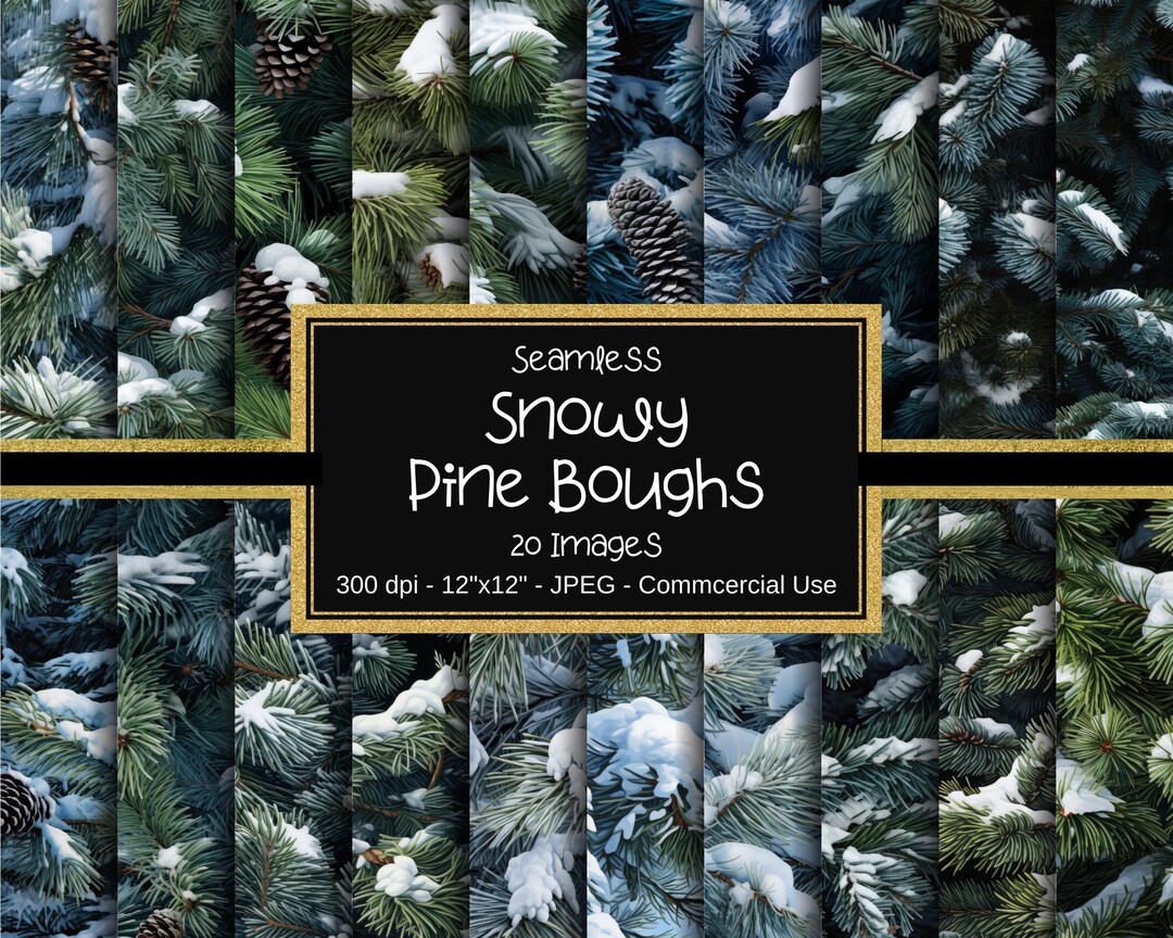 Pine Boughs Seamless Digital Paper, Snowy Pine Bough Patterns, 12"x12", 20 Designs, Christmas ...