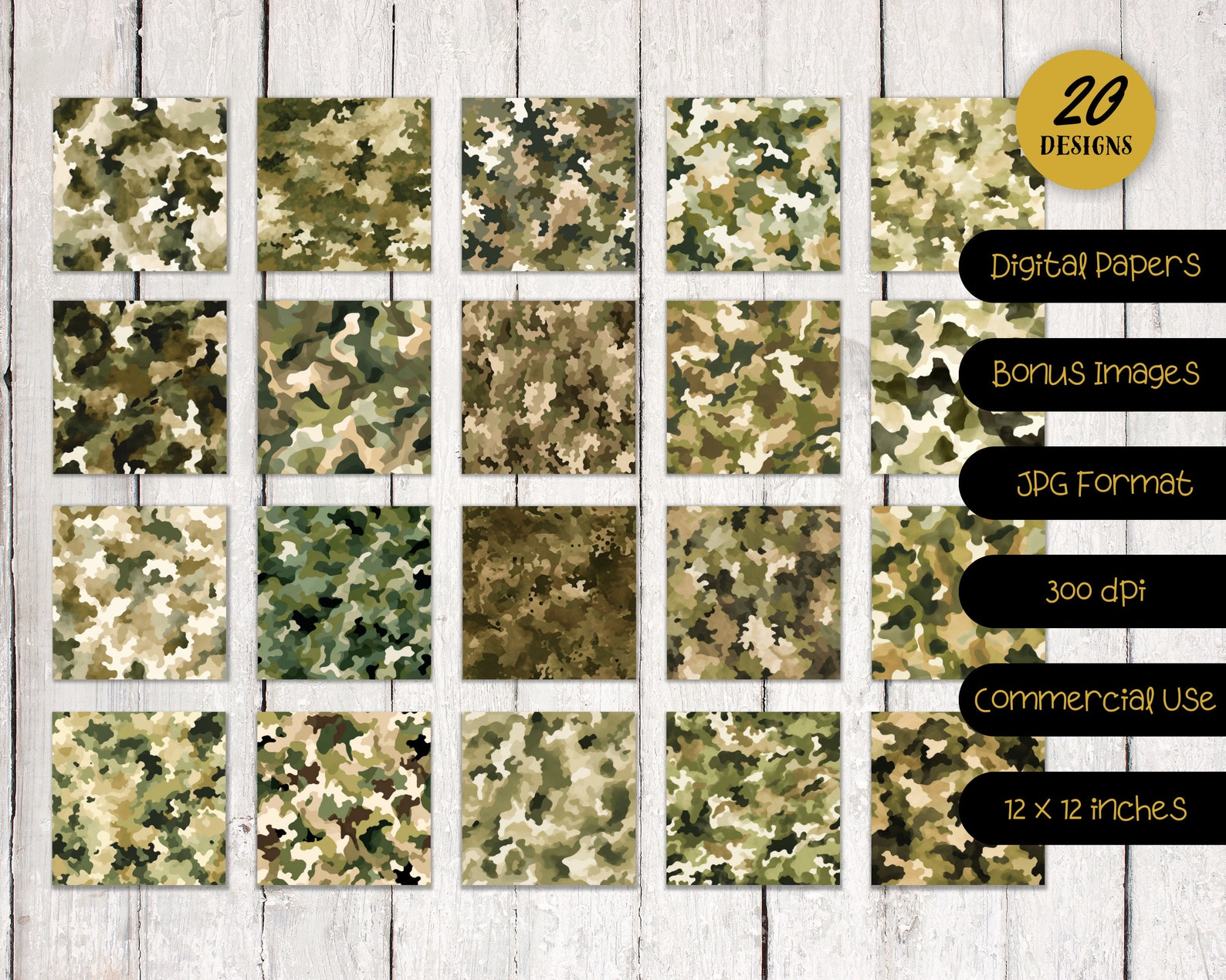Green Camouflage Digital Paper Pack, Seamless Military Backgrounds ...
