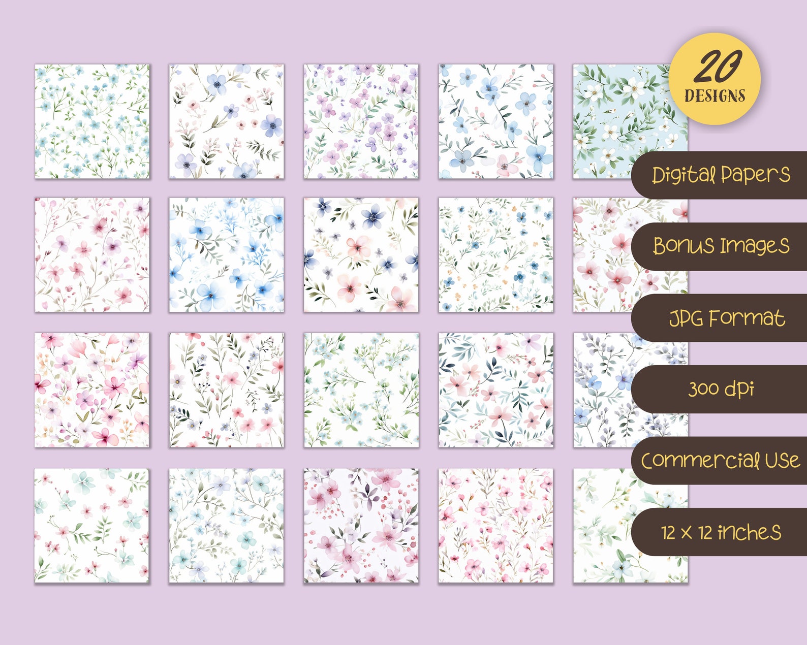 Dainty Pastel Flowers Seamless Digital Papers, Floral Watercolor ...