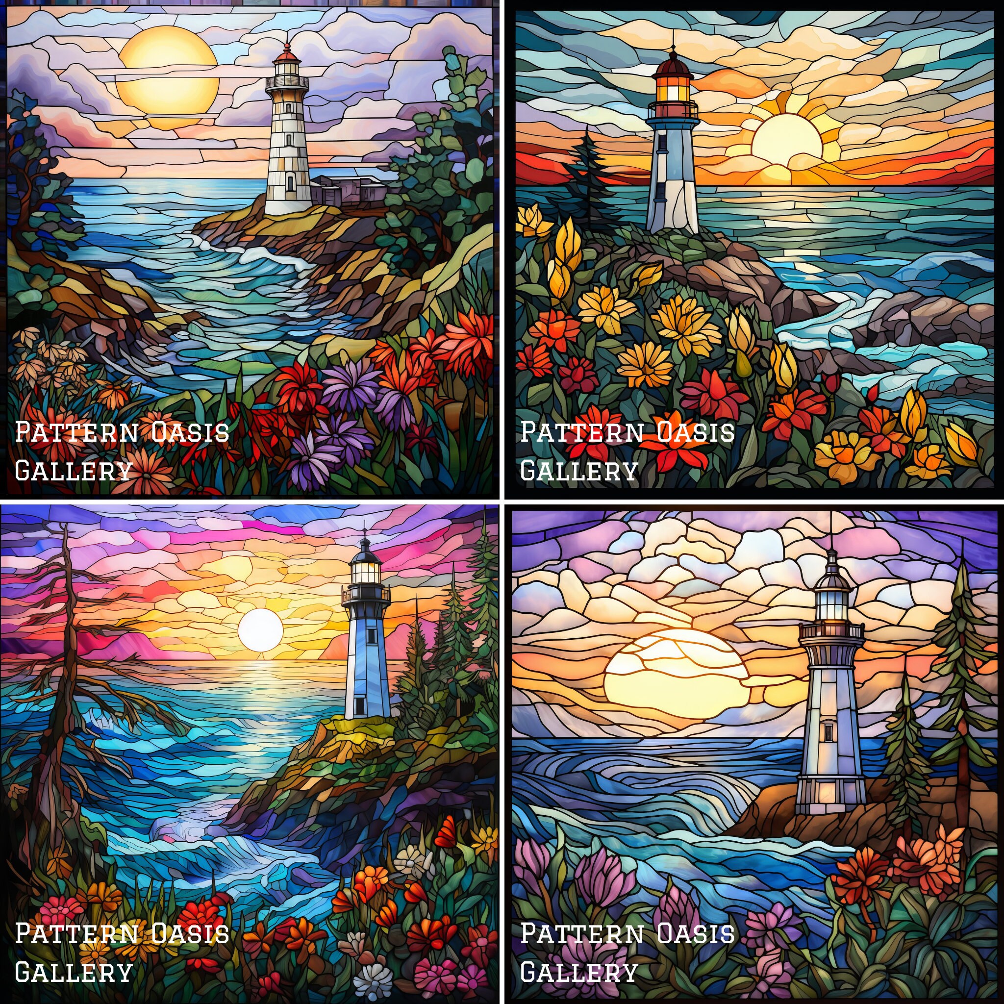 Stained Glass Lighthouse Digital Paper, Lighthouses Stained Glass ...