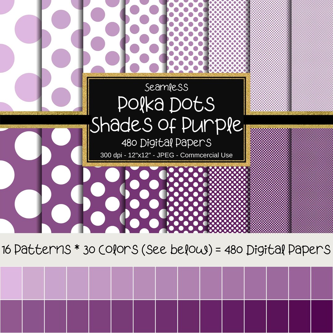 Shades of Purple Polka Dots Seamless Digital Paper Pack, 12"x12", 480 ...