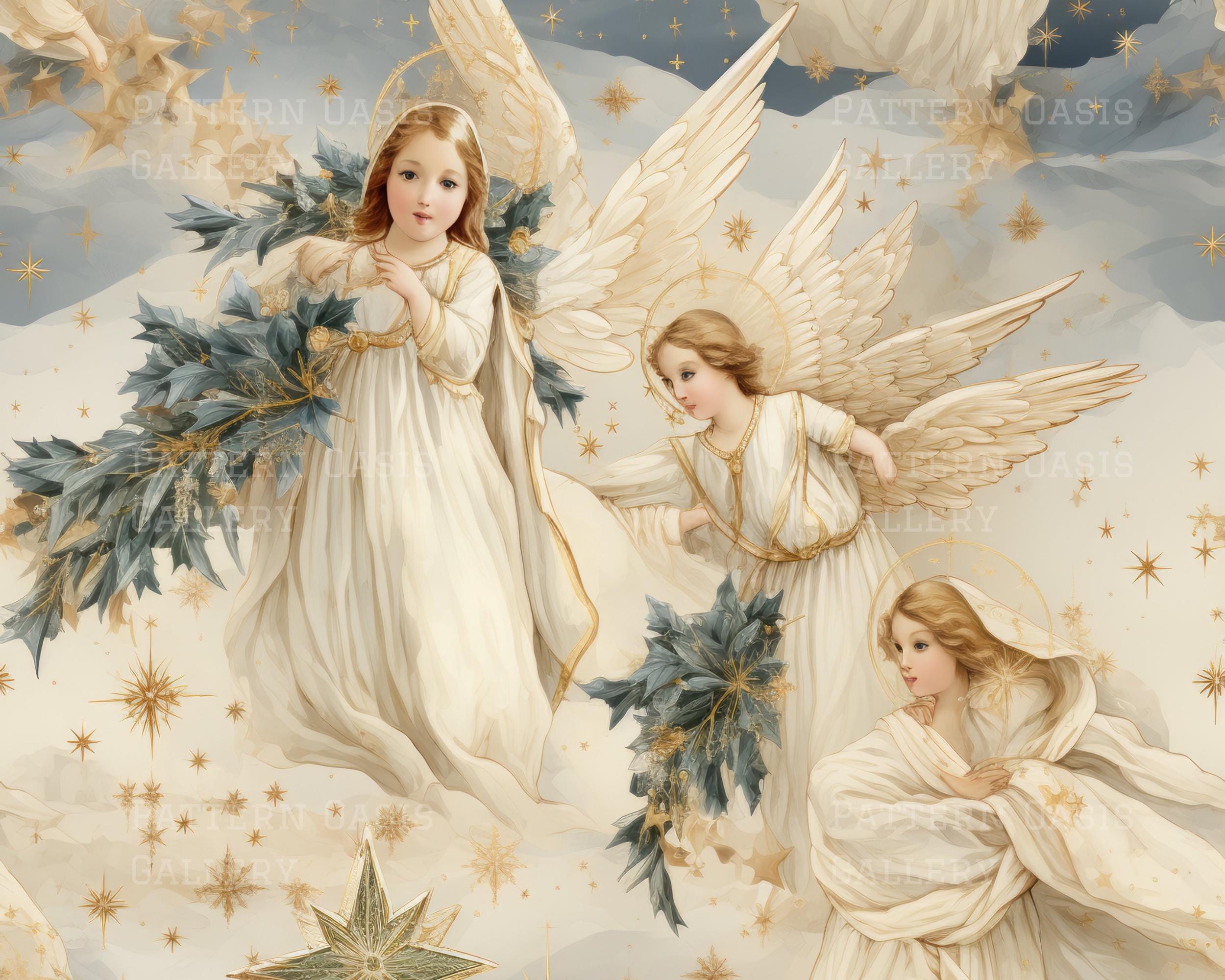 Angels and Stars Vintage Digital Paper Pack - Set of 20, Instant ...