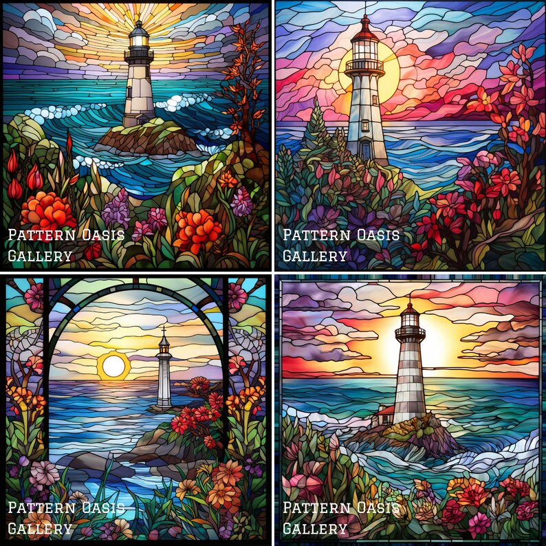 Stained Glass Lighthouse Digital Paper, Lighthouses Stained Glass ...