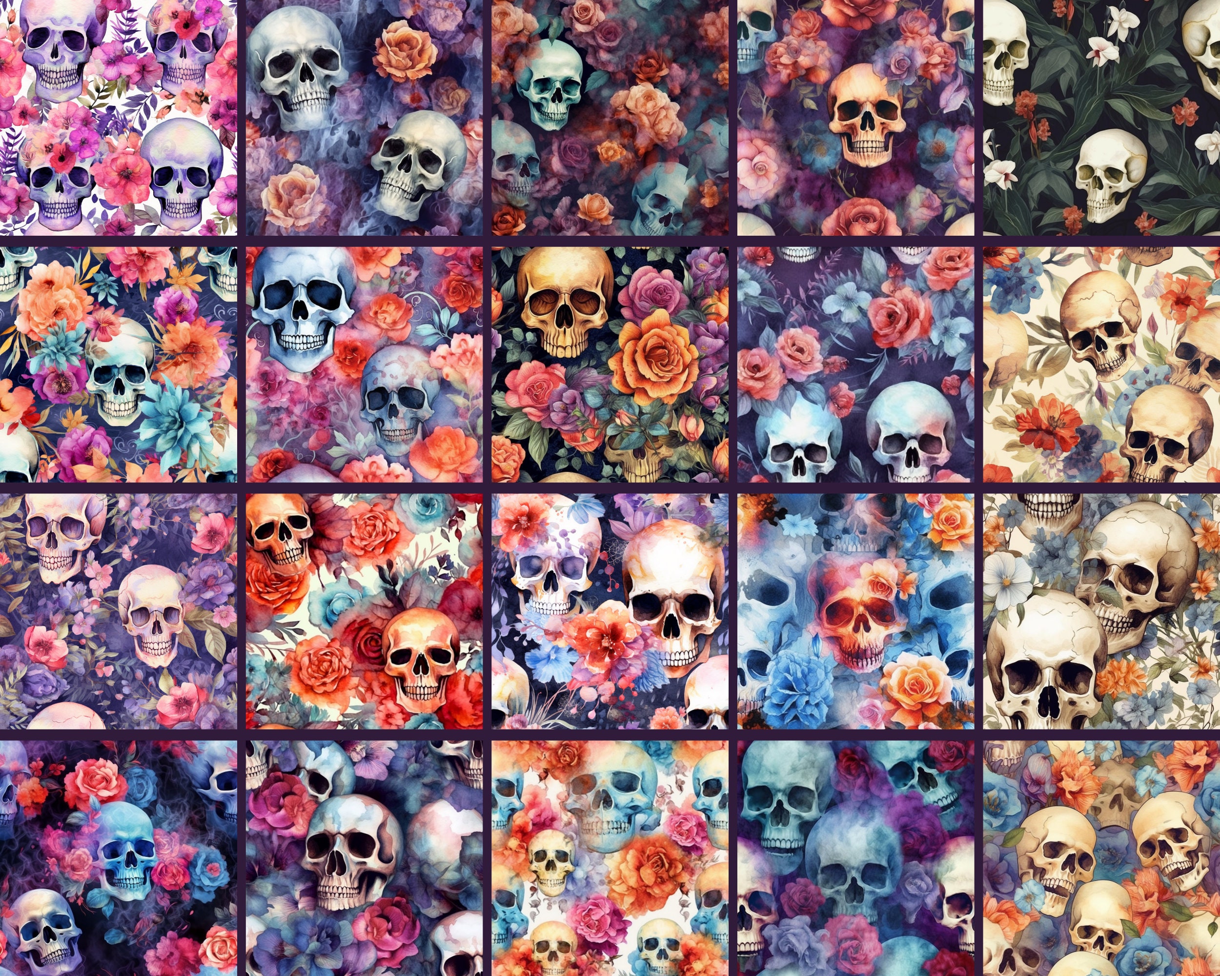 Floral Skulls Digital Papers Set of 20 Watercolor Patterns for ...