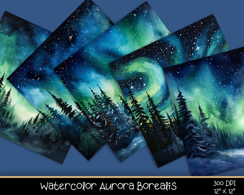 Watercolor Aurora Borealis Digital Paper, Northern Lights Backgrounds ...