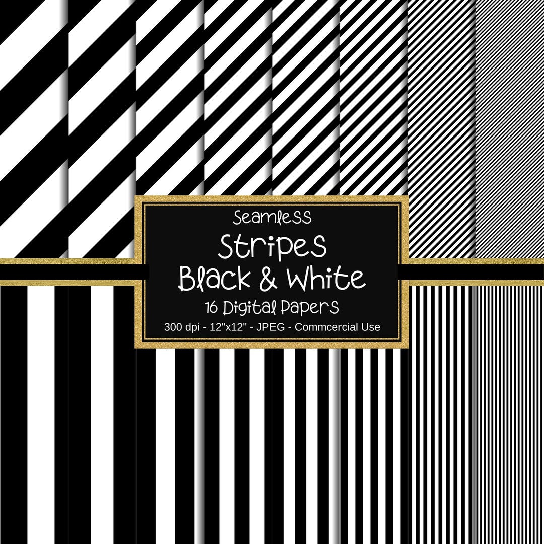 Black & White Seamless Striped Digital Paper, Striped Paper, 16 Stripes ...