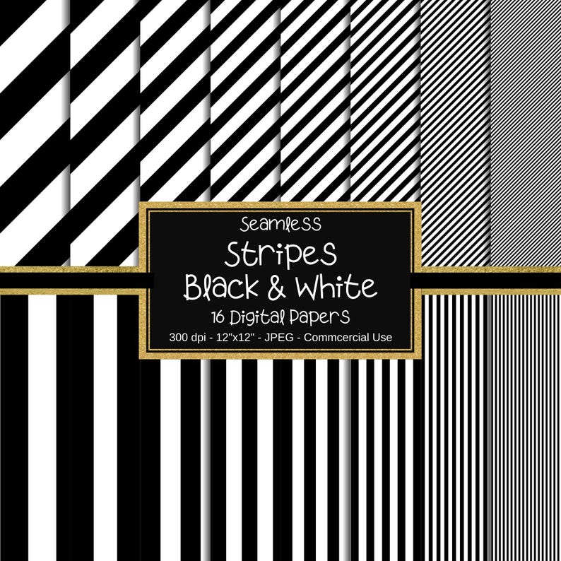 Black & White Seamless Striped Digital Paper, Striped Paper, 16 Stripes ...