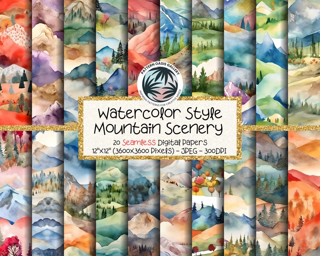 Mountain Landscape Seamless Paper – Watercolor Scenery (digital ...
