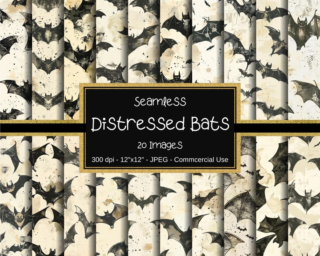 Black Bats Seamless Patterns, Distressed Bats Digital Paper, 12x12, 20 ...