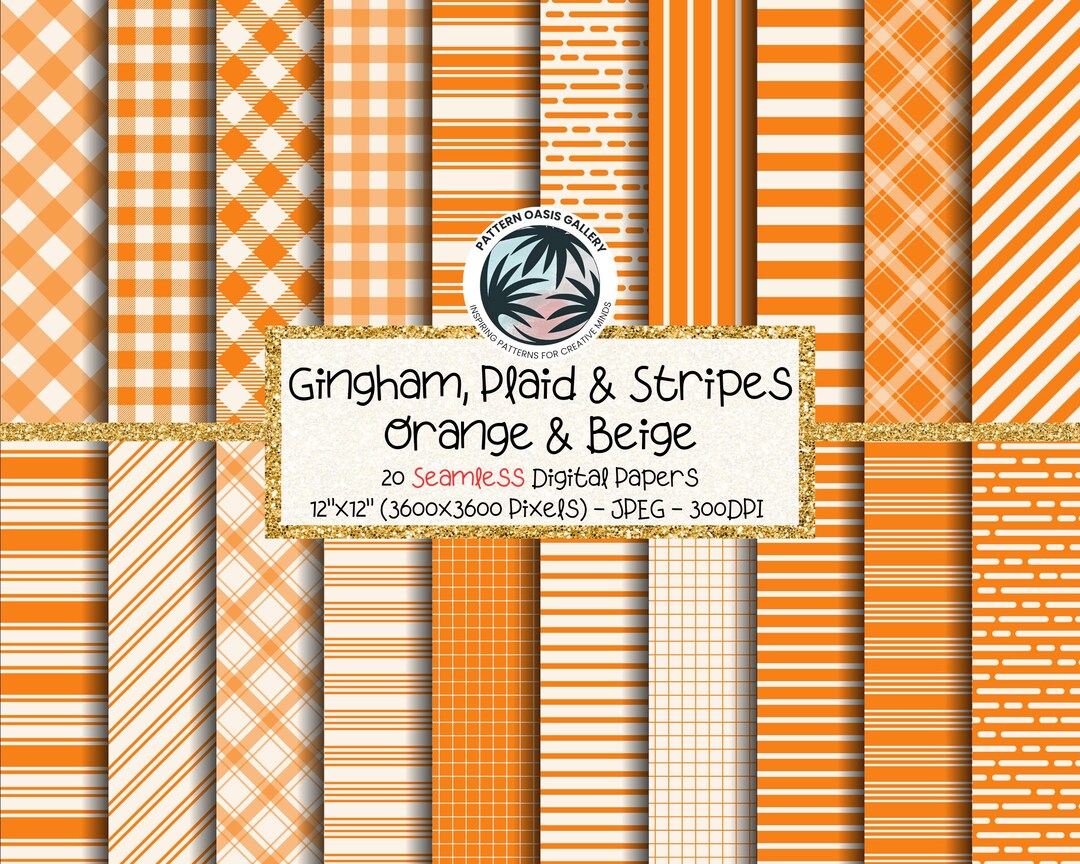 Gingham Plaid Stripes Digital Paper Bundle: Orange & Beige, Seamless ...