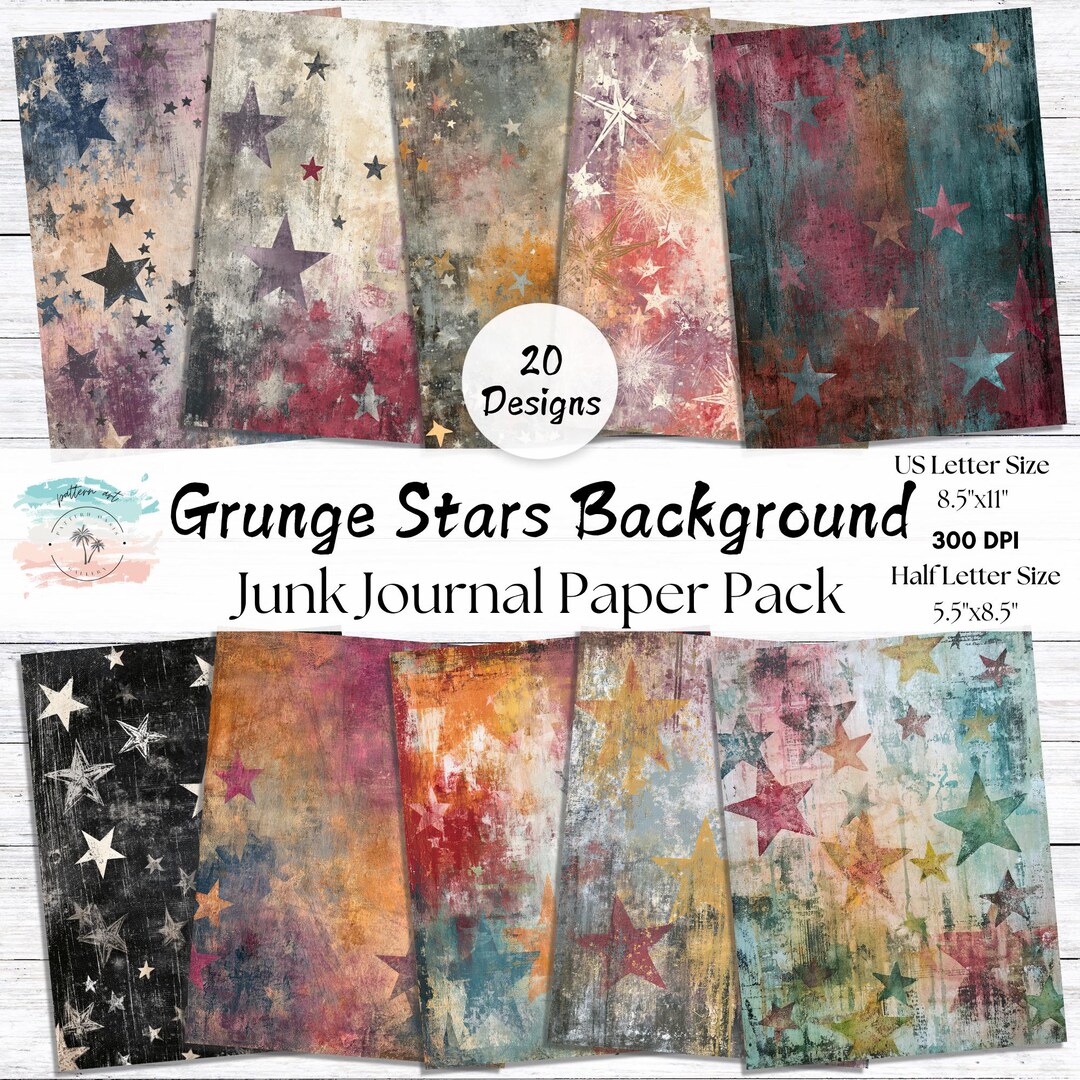 Grunge Stars Junk Journal Pages, Abstract Stars Digital Paper Pack ...