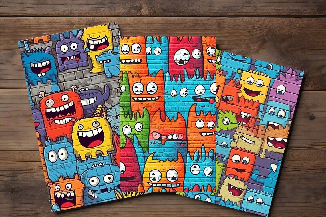 Monster Graffiti Wall Digital Paper, Colorful Distressed Backgrounds ...