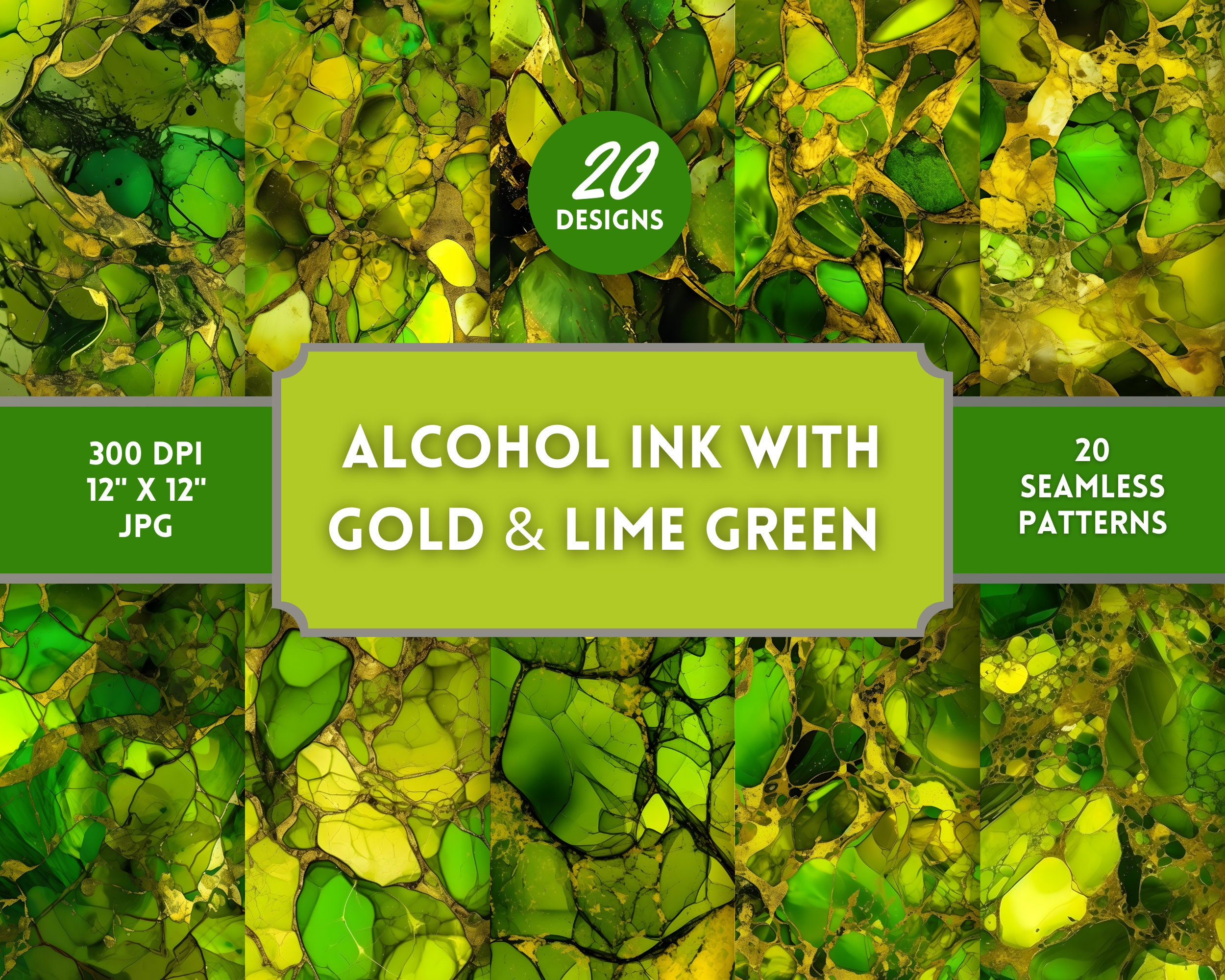 Lime Green and Gold Alcohol Ink Abstract Digital Paper, 20 SEAMLESS ...